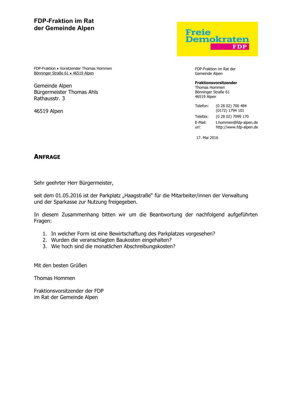 ANFRAGE Parkplatz – FDP ALPEN
